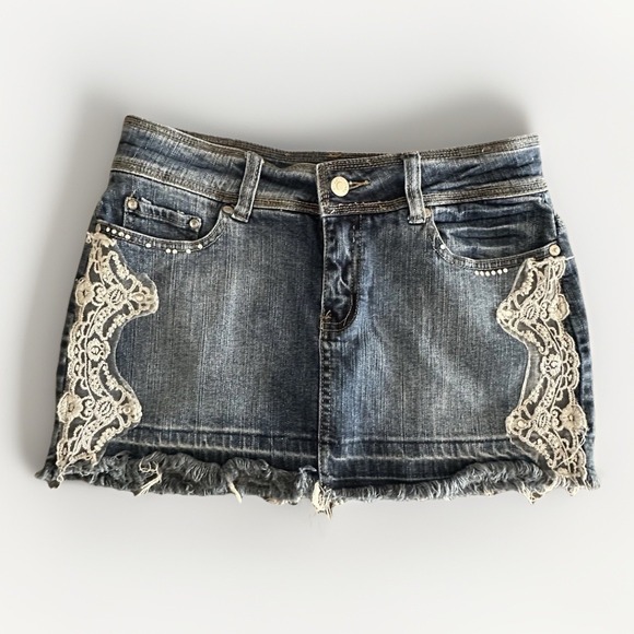 Sizzle | Skirts | Womens Denim Micro Mini Skirt Size 7 Distressed Lace ...